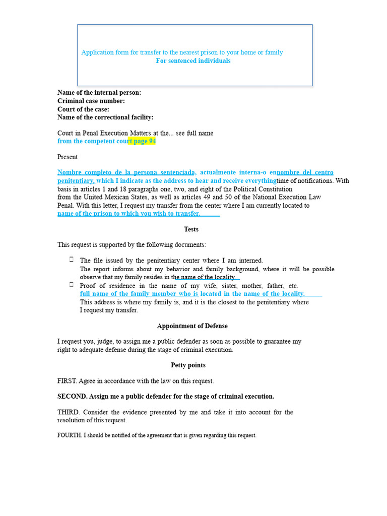 request for transfer to the nearest prison to your home or family | PDF ...