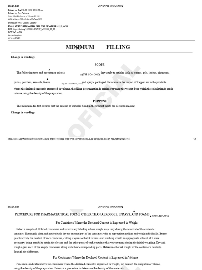USP-NF Minimum Filling Guidelines | PDF | Density | Volume