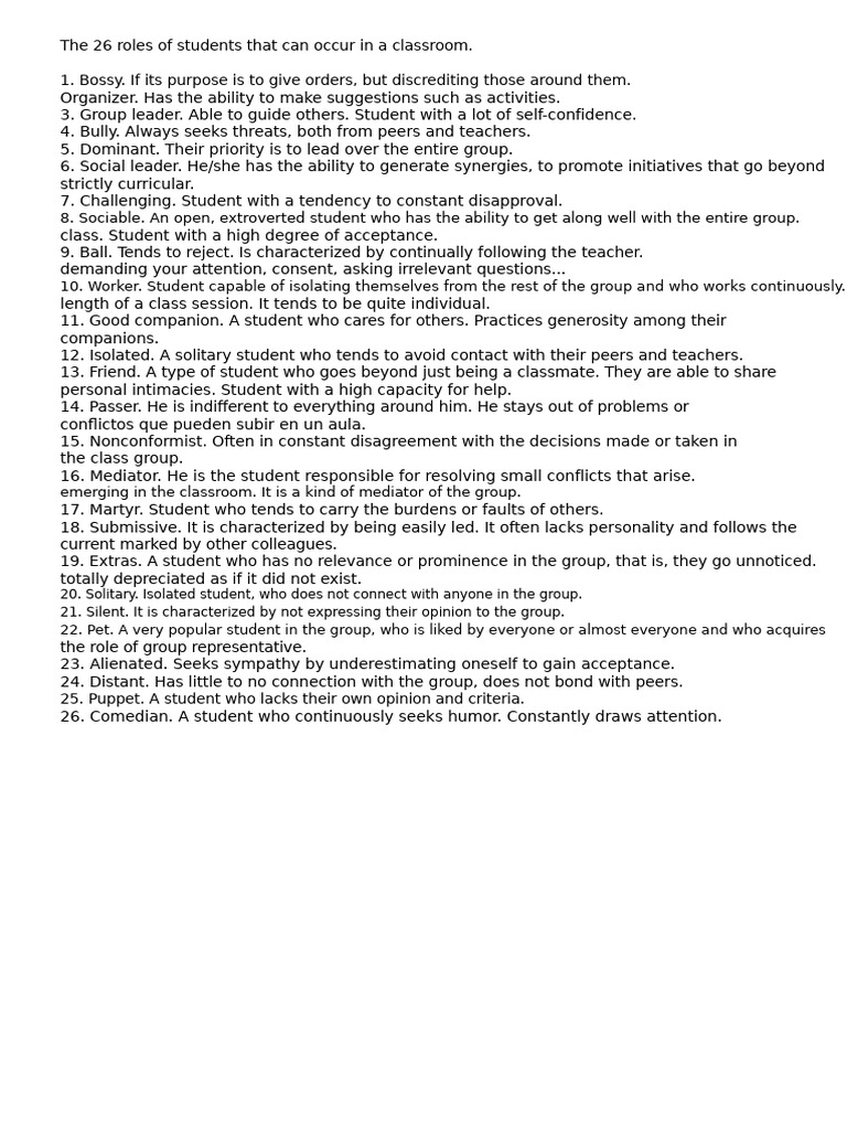 26 Student Roles in the Classroom | PDF