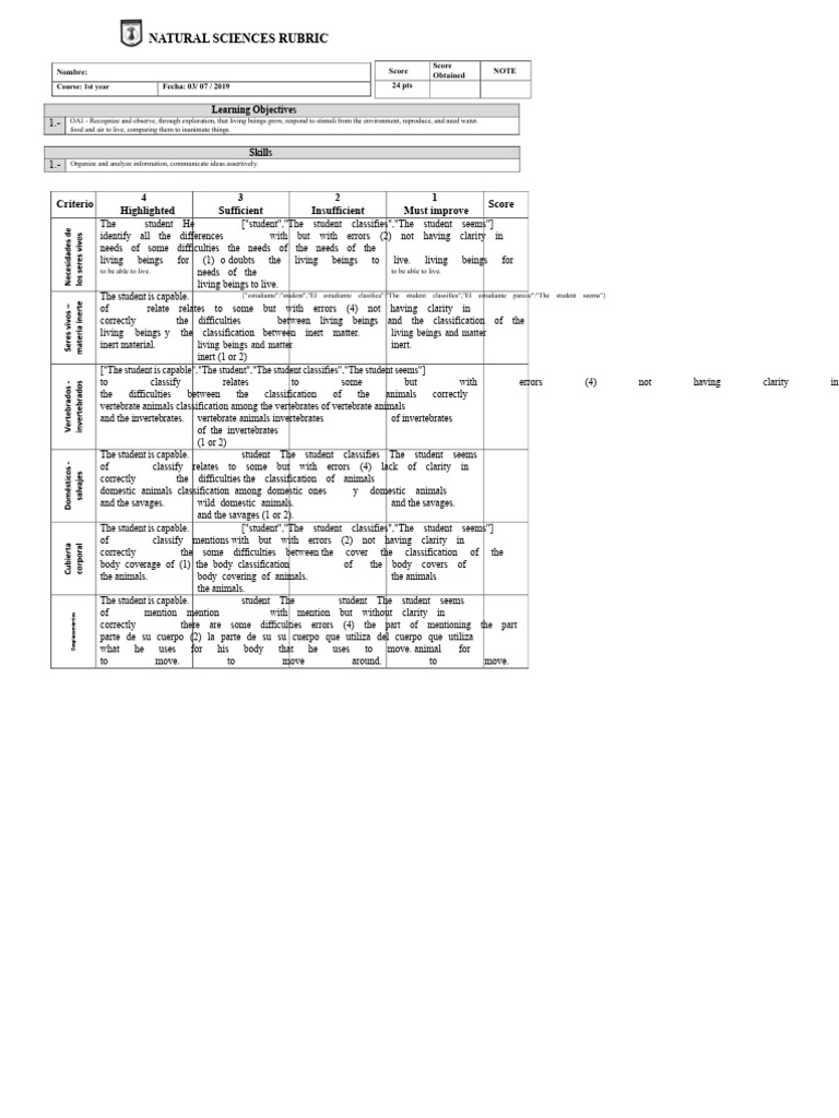 Rubric Classification of Animals | PDF | Rubric (Academic) | Invertebrate