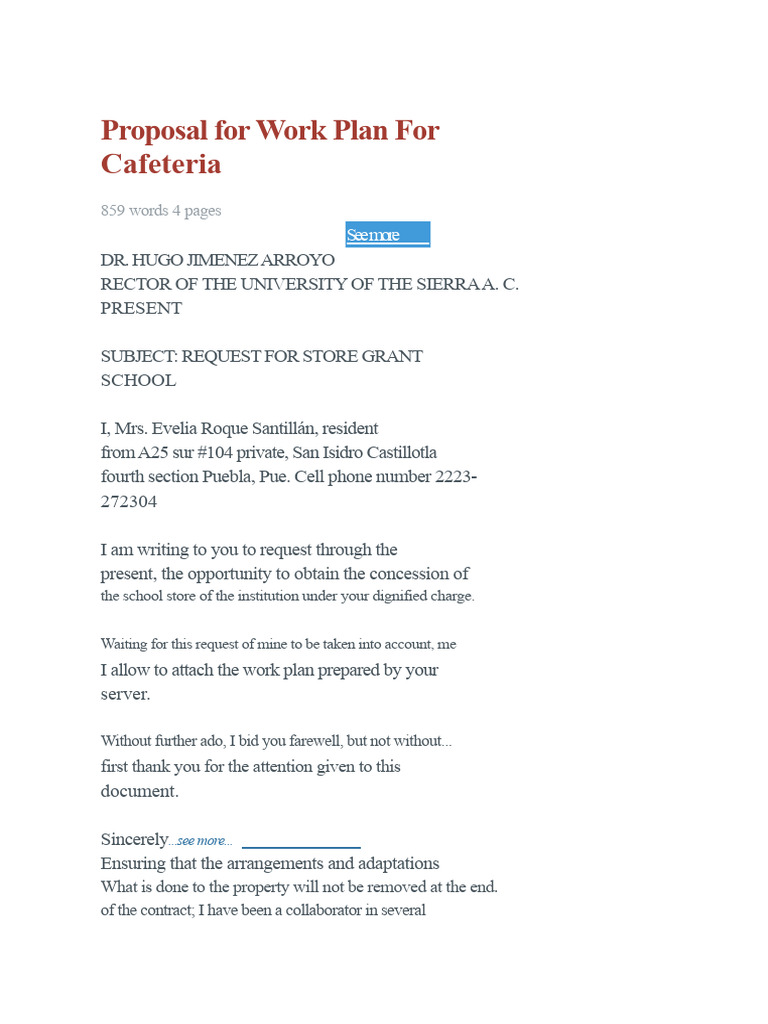Cafeteria Work Plan Proposal | PDF