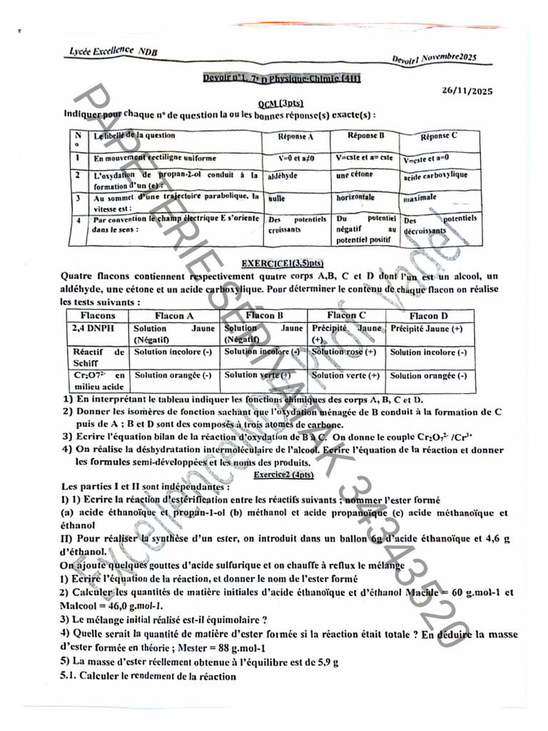 Devoir Pc 7d Lycée d'Excellence Ndb 2025-2026 | PDF