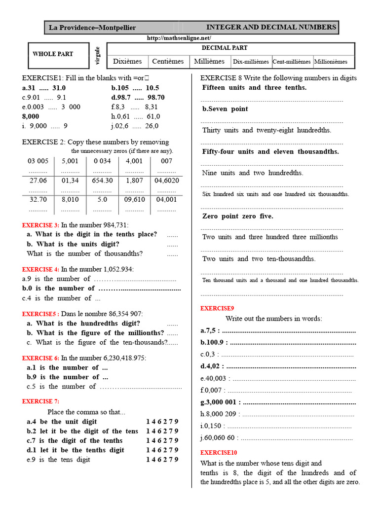 Chap 1 - Exercises 02 - Writing and Reading Decimal Numbers - ANSWER ...