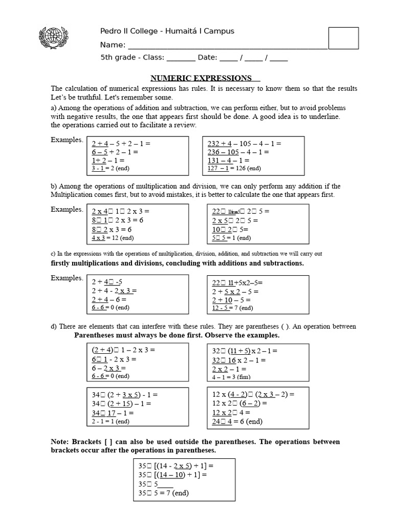 Numerical Expressions 6th Grade | PDF | Bracket | Multiplication