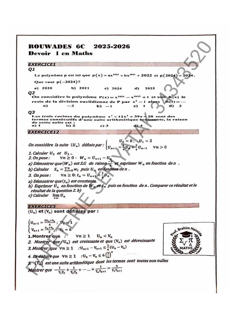 Devoir Maths 6c e.p Errouwad Kiffa 2025-2026 | PDF