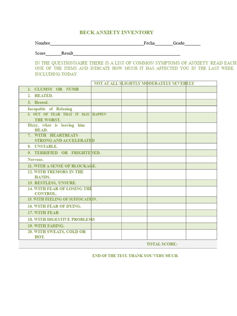 BAI Anxiety Inventory | PDF