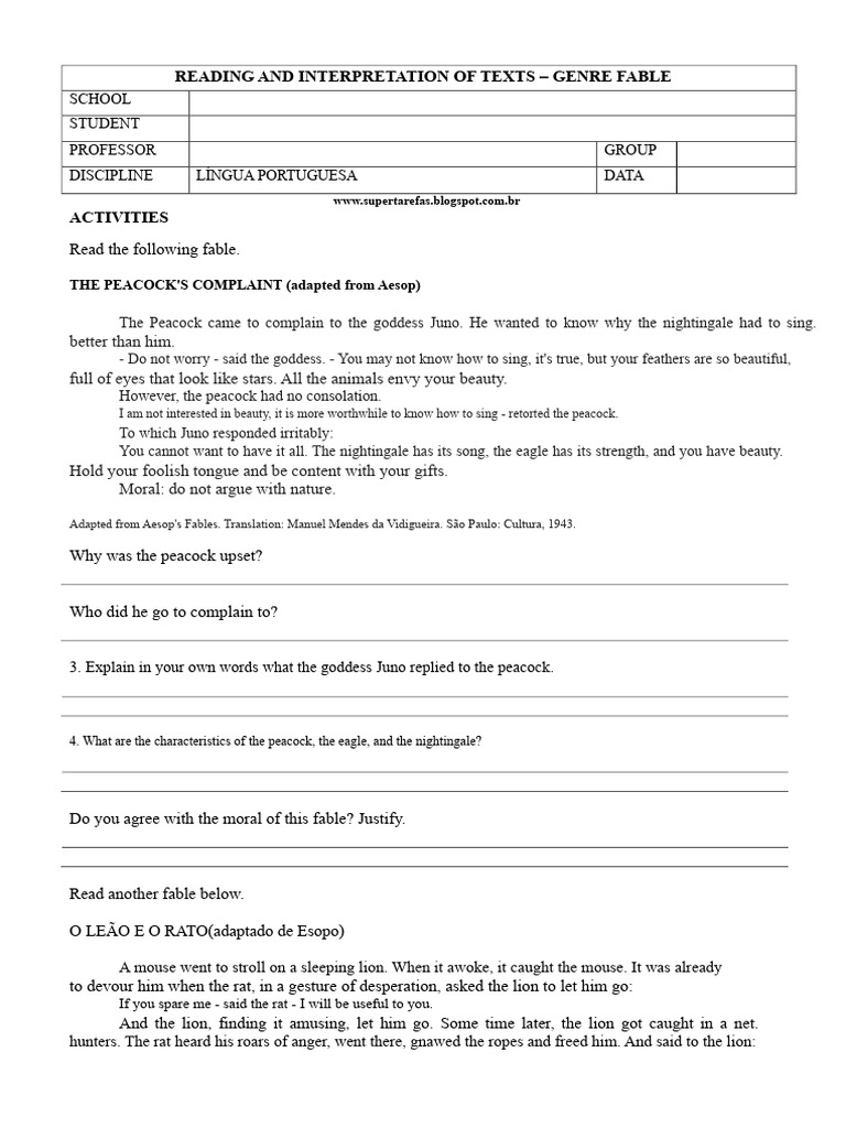 001 - Reading and Interpretation of Texts - Genre Fable - Answer Key ...