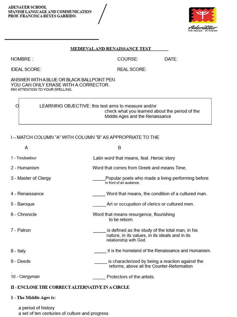 Medieval and Renaissance Test Guide | PDF | Renaissance