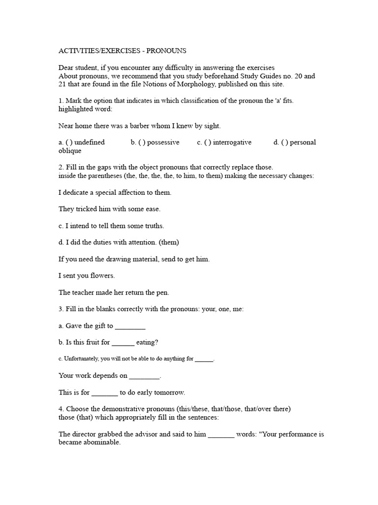 Pronoun Exercises and Activities Guide | PDF | Pronoun | Grammar