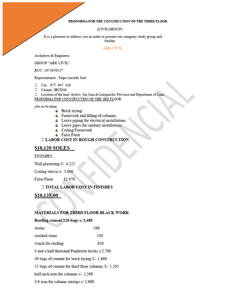 Proforma For The Construction of The Third Floor | PDF