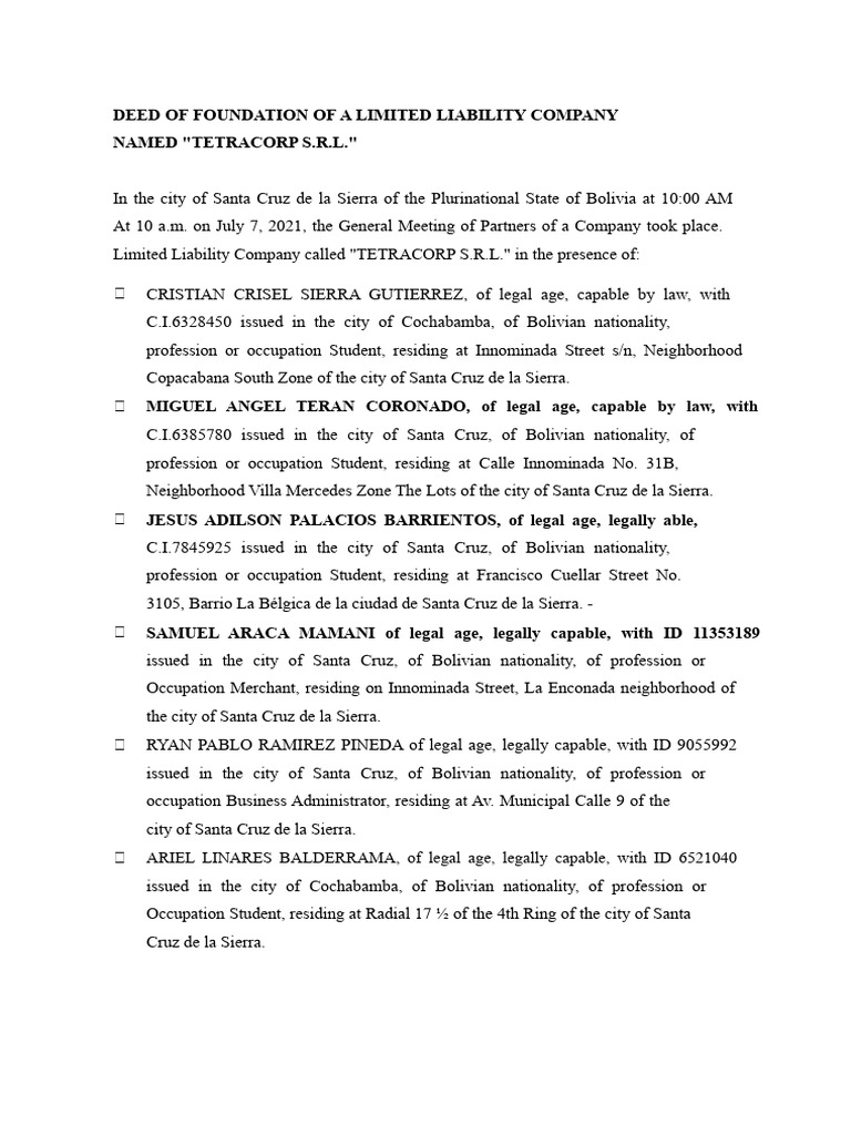 Deed of Foundation of A Limited Liability Company Tetracorp | PDF | Bolivia