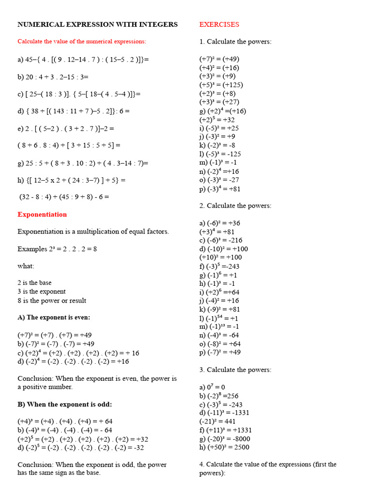 7th Grade - Exercise On Expressions, Exponentiation, and Root ...