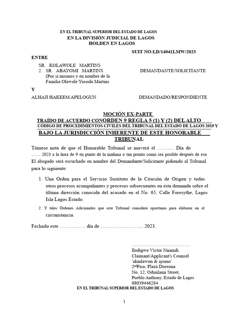 Moción Ex Parte en Tribunal de Lagos | PDF | Tribunales | Esfera pública