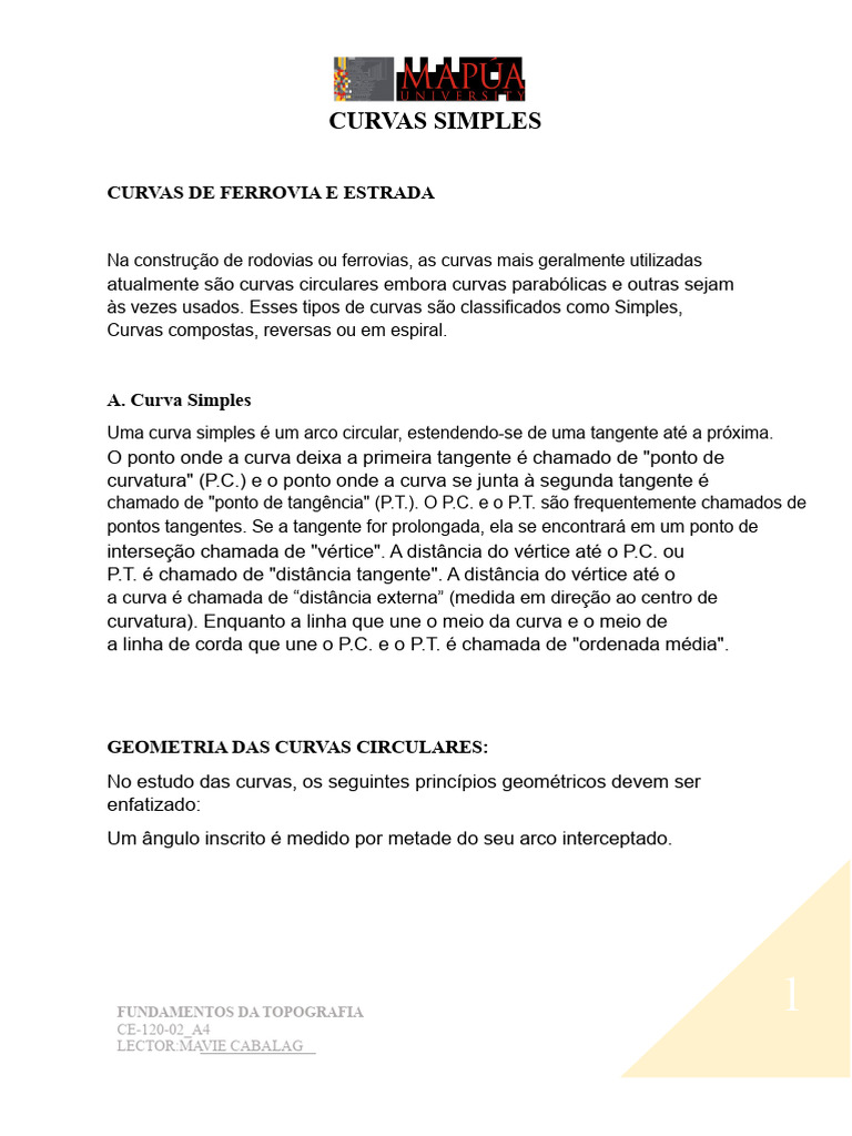Curvas Simples em Ferrovias e Estradas | PDF | Tangente | Curva