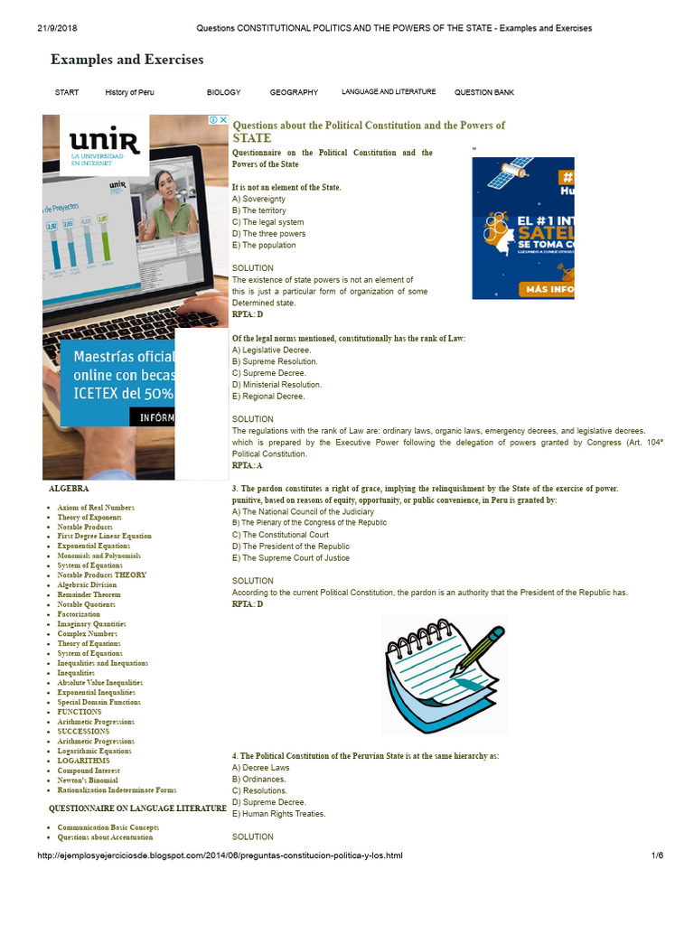 Questionnaire on Political Constitution | PDF | Equations | Peru
