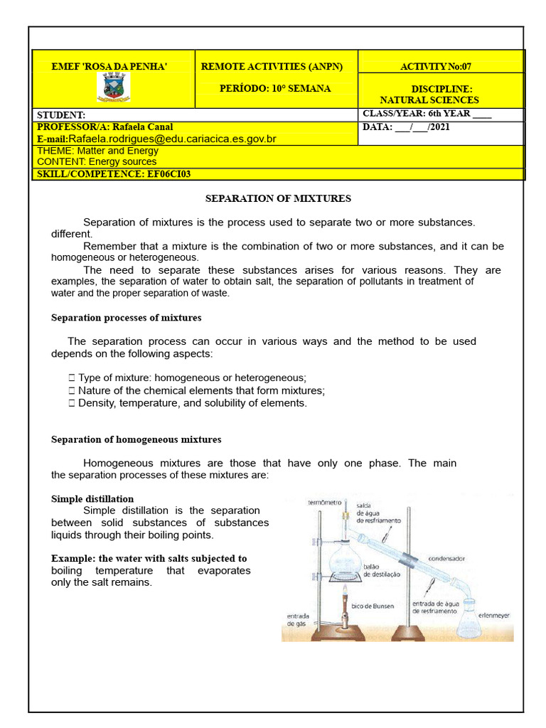 Activ 7 Science 6th Grade Separation of Mixtures | PDF | Mixture ...