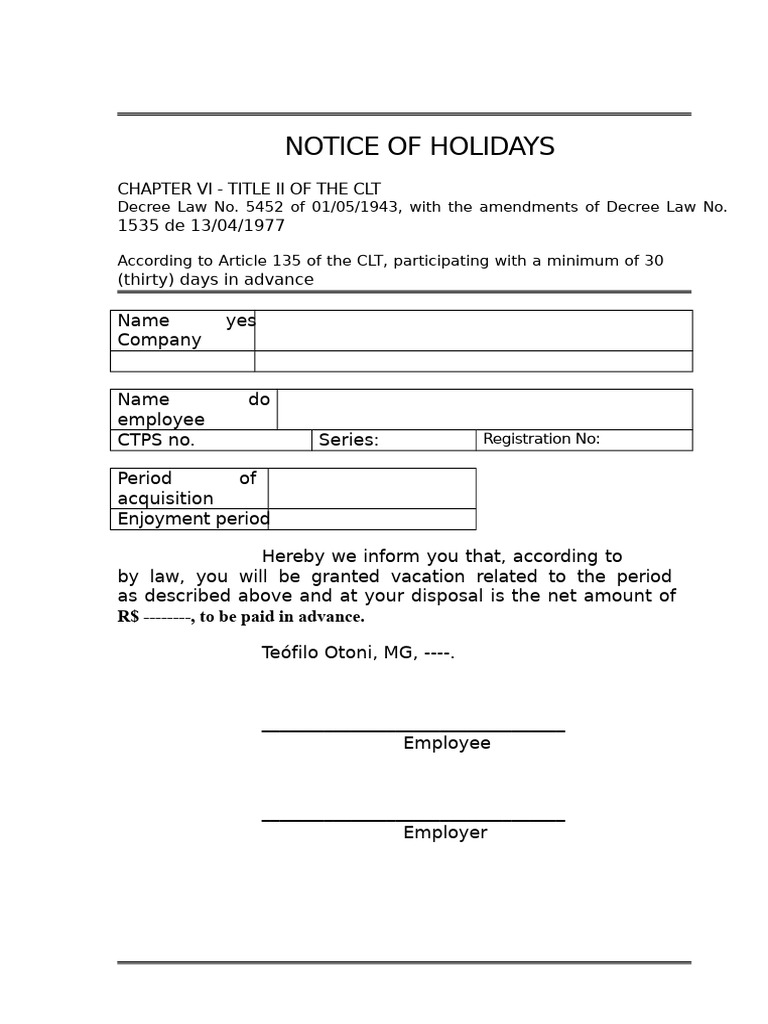 Notice and Receipt of Vacation | PDF