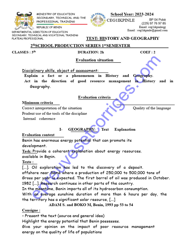 History-Geography 3rd Year 2nd Assignment of The 1st Semester 2023-2024 ...