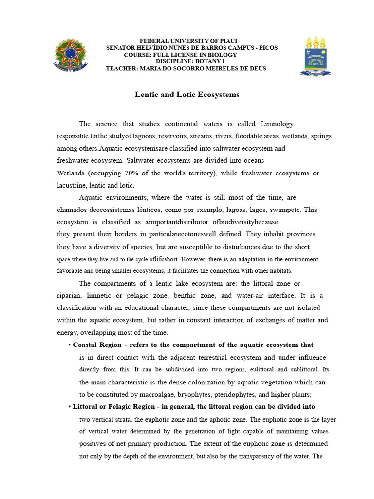 Lentic and Lotic Ecosystems Overview | PDF | Littoral Zone | Benthic Zone