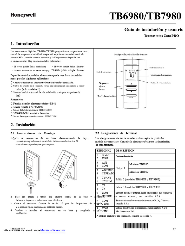Guía de instalación Termostatos TB6980/TB7980 | PDF | Termostato ...