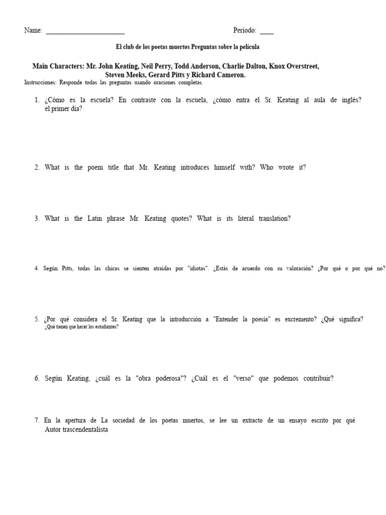 preguntas sobre la película "El club de los poetas muertos" | PDF
