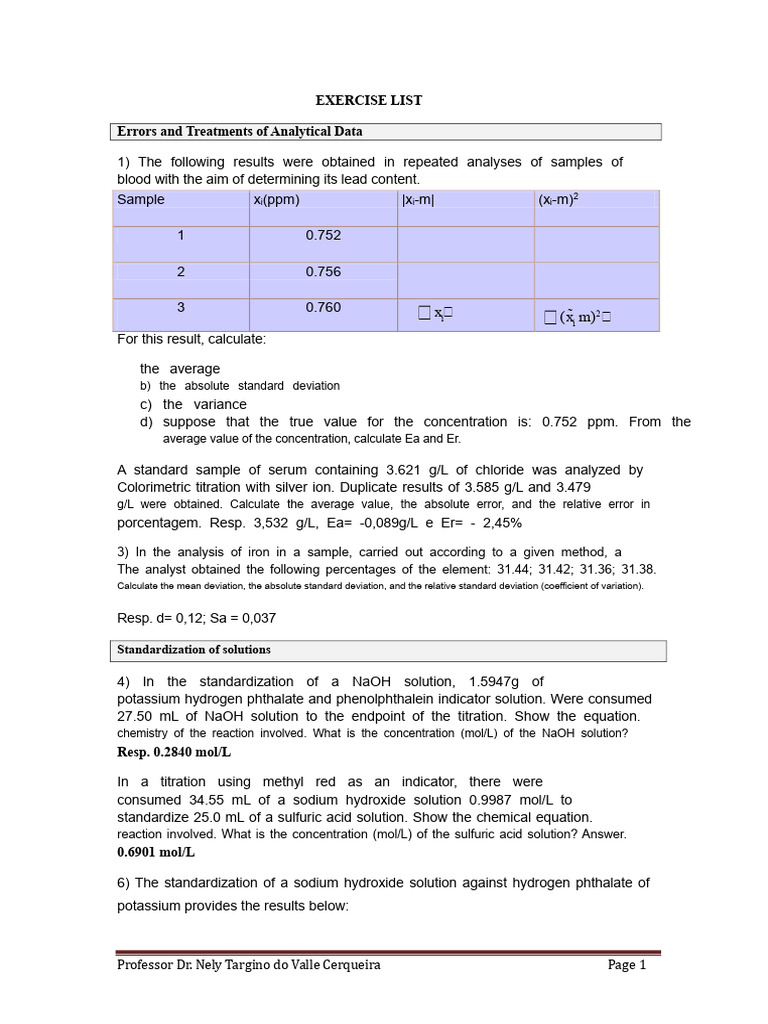 LIST OF QUANTITATIVE ANALYTICAL CHEMISTRY EXERCISES.pdf | PDF ...
