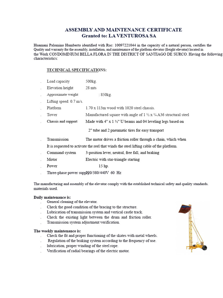 CERTIFICATE PLATFORM ELEVATOR.docx | PDF | Elevator | Vehicles