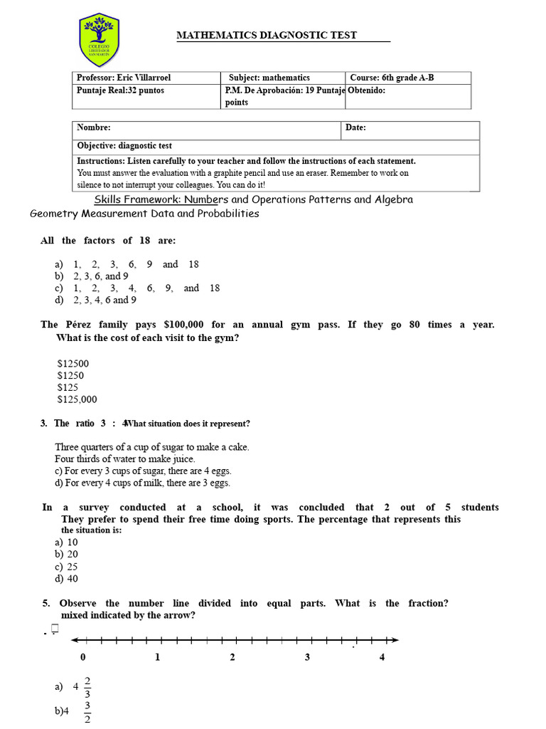 6th Grade Mathematics Diagnostic Test | PDF | Mathematics | Triangle