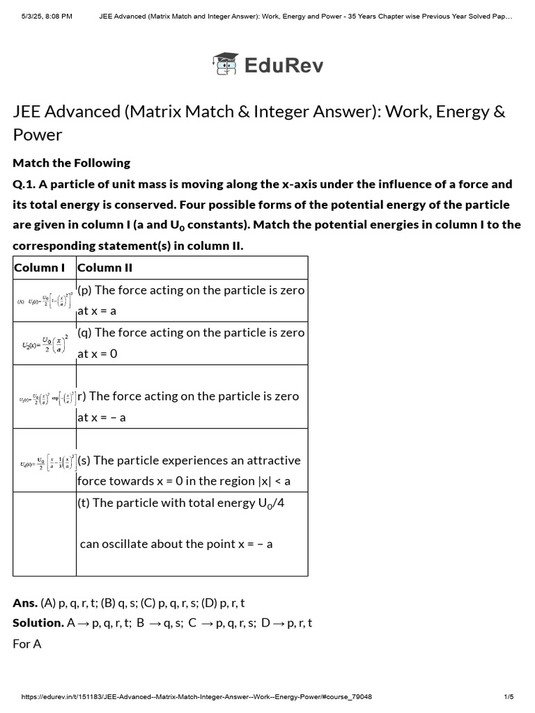 JEE Advanced (Matrix Match and Integer Answer) - Work, Energy and Power ...