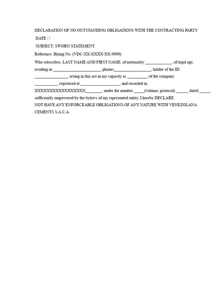 Declaration of No Outstanding Obligations with the Contractor | PDF ...