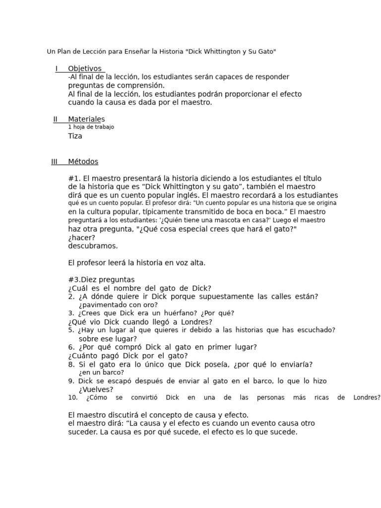 Un Plan de Lección para Enseñar La Historia de Dick Whittington y Su ...