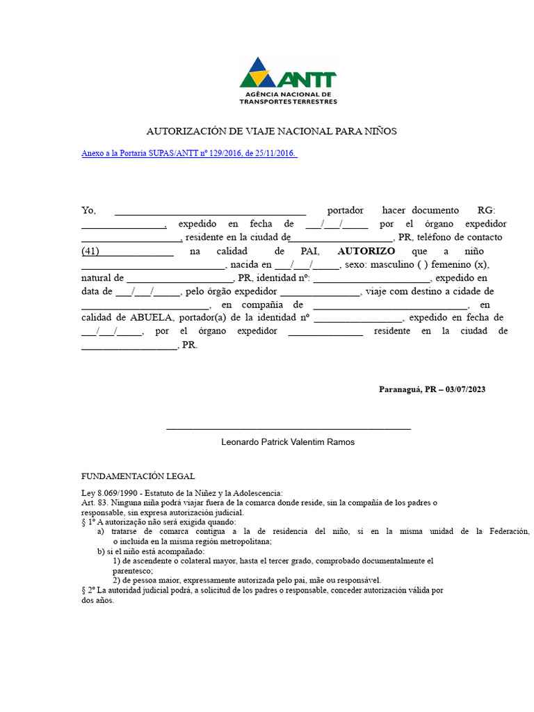 Modelo de autorización de viaje nacional para niños. | PDF
