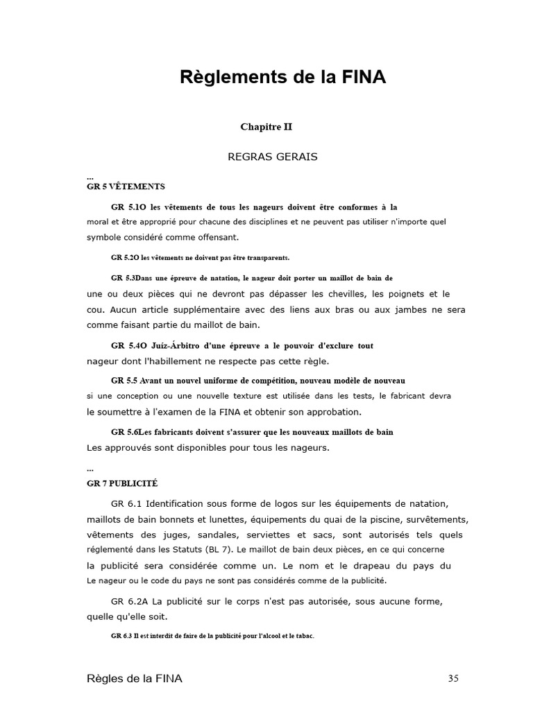 Règlements de la FINA sur les Compétitions | PDF | Nage (Sport) | Nage