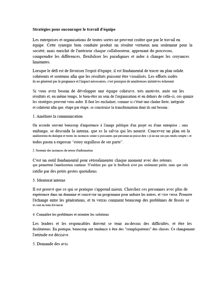 15 Stratégies pour Renforcer le Travail d'Équipe | PDF | Expérience ...
