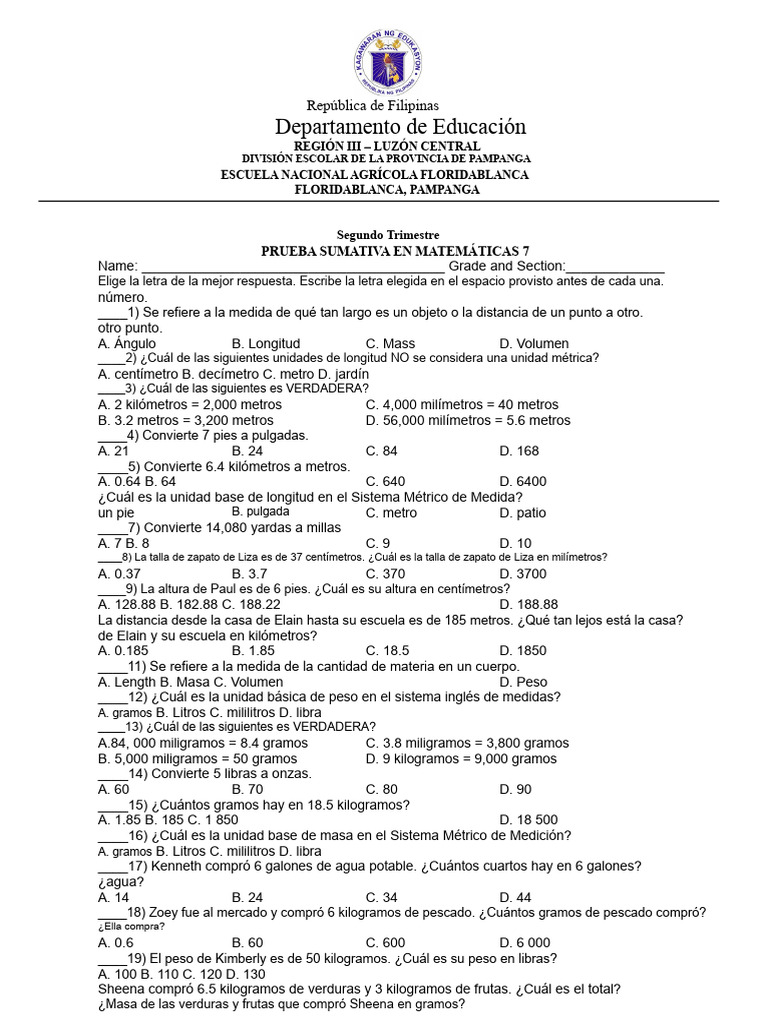 Prueba sumativa del segundo trimestre en Matemáticas de séptimo grado | PDF | Ecuaciones | Libra ...
