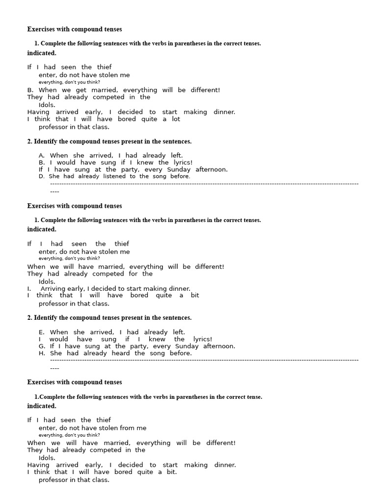 Compound Tense Exercises and Solutions | PDF | Grammatical Tense ...