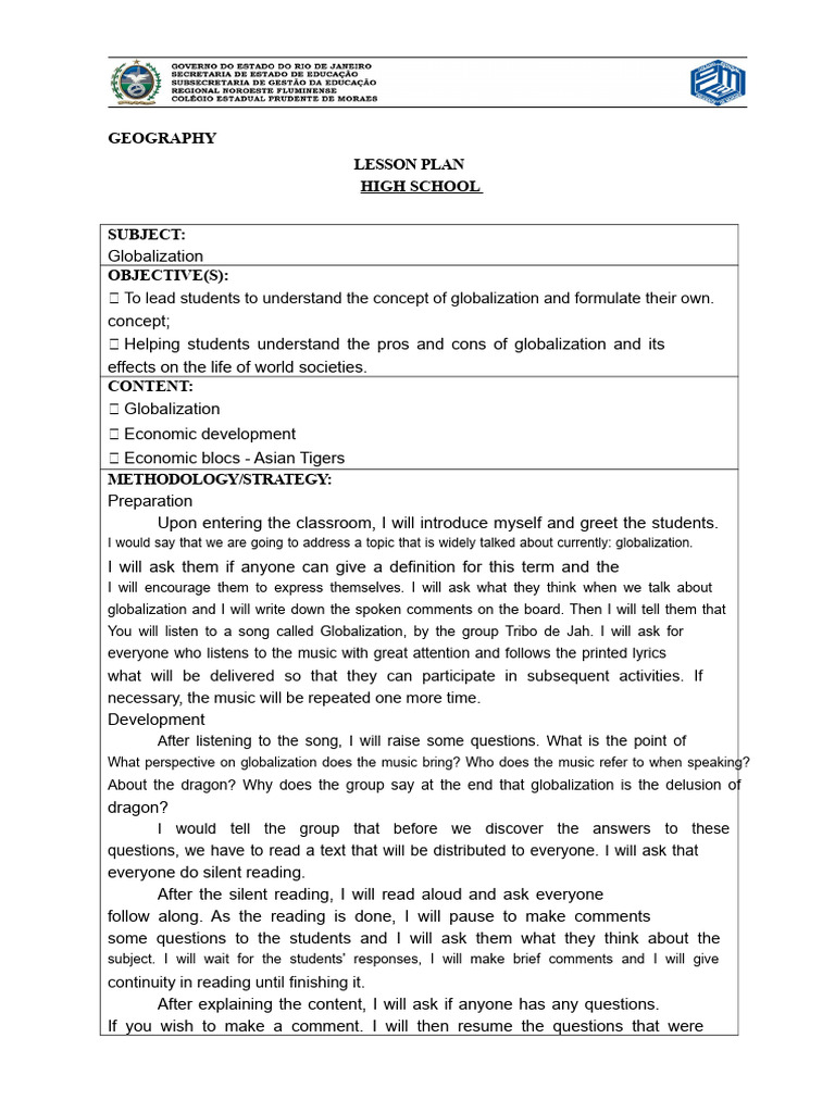 High School Lesson Plan on Globalization | PDF | Lesson Plan | Learning
