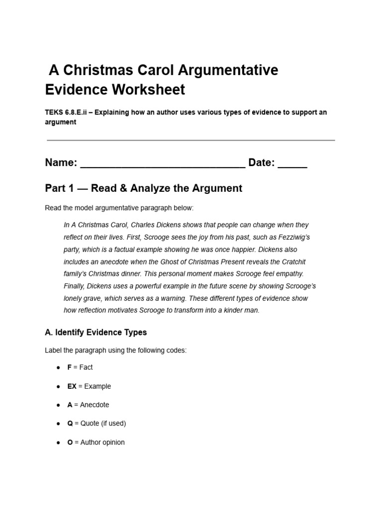 ? a Christmas Carol Argumentative Evidence Worksheet | PDF