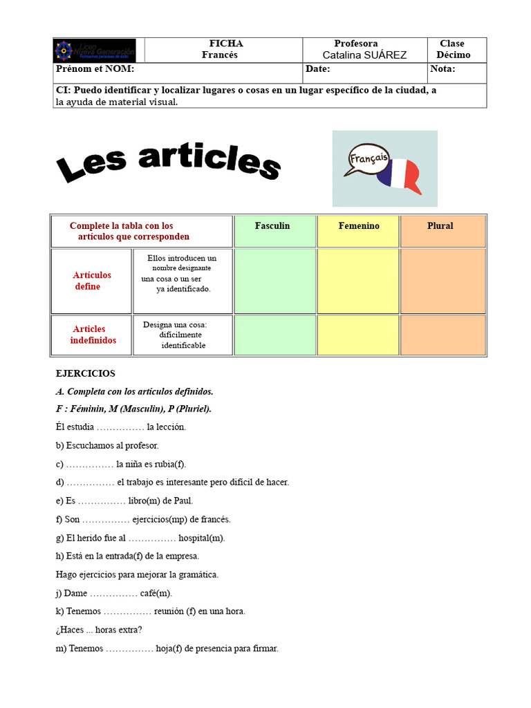 Fichas de Artículos Definidos e Indefinidos | PDF