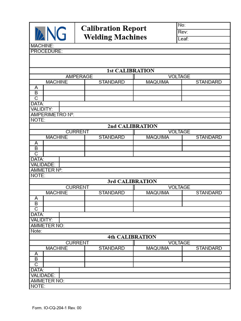Form. IO-CQ-204-1 Rev. 00 - Welding Machine Calibration Report | PDF