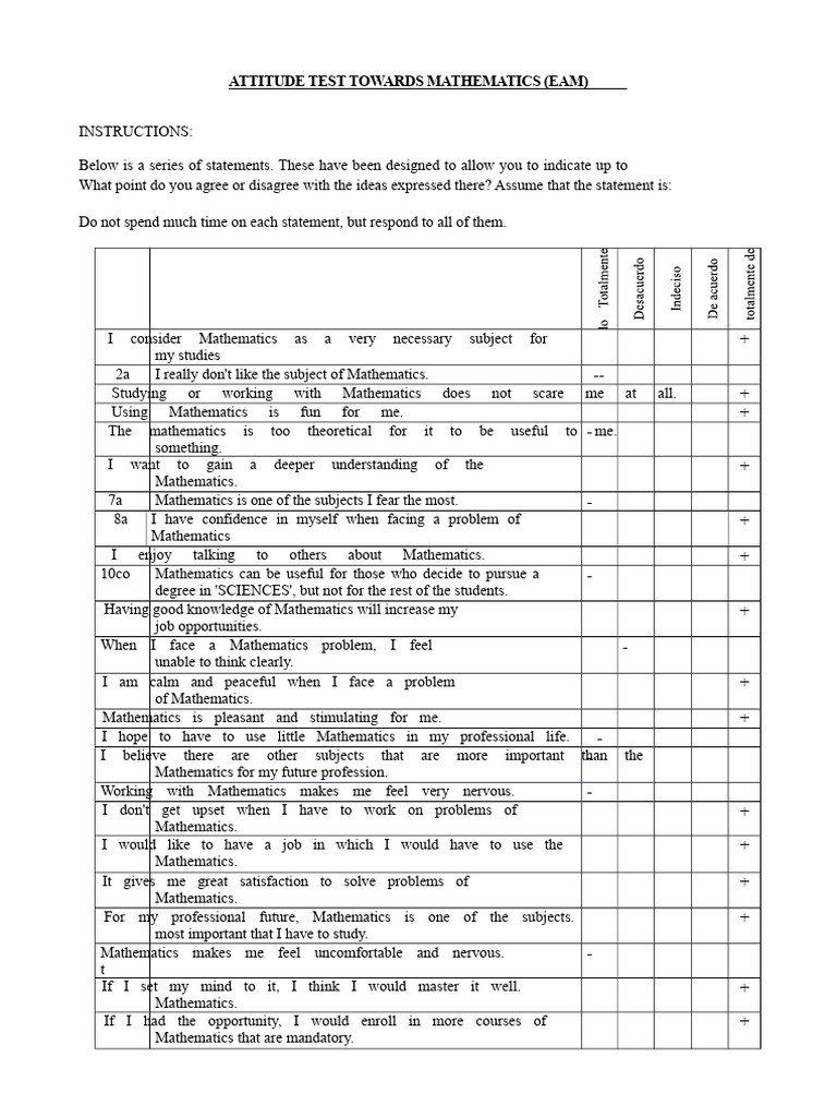 Attitude Test for Mathematics Students | PDF | Attitude (Psychology ...