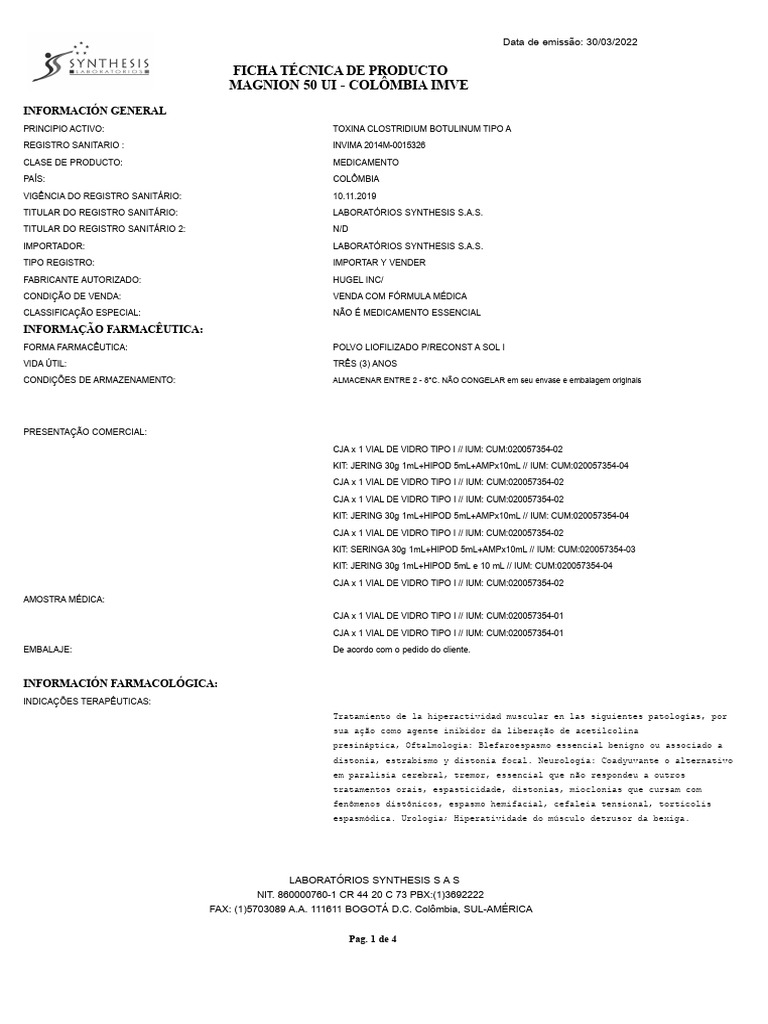 Ficha Técnica Magnion 50 20057354 | PDF | Toxina botulínica | Amamentação