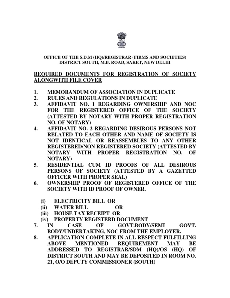 Society Registration Document Checklist | PDF