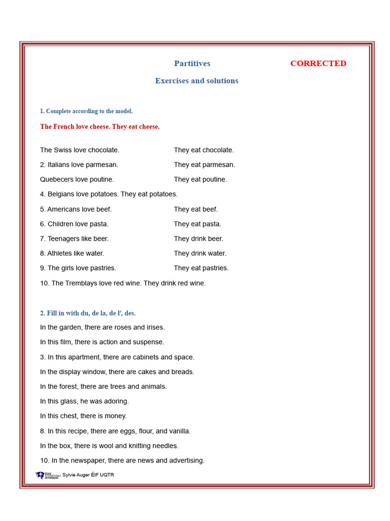Partitive Articles Exercises and Corrections 3 | PDF | Italian Cuisine ...