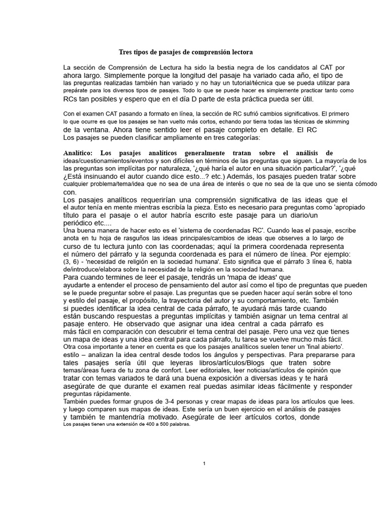 Tres Tipos de Pasajes de Comprensión Lectora | PDF | Comprensión ...