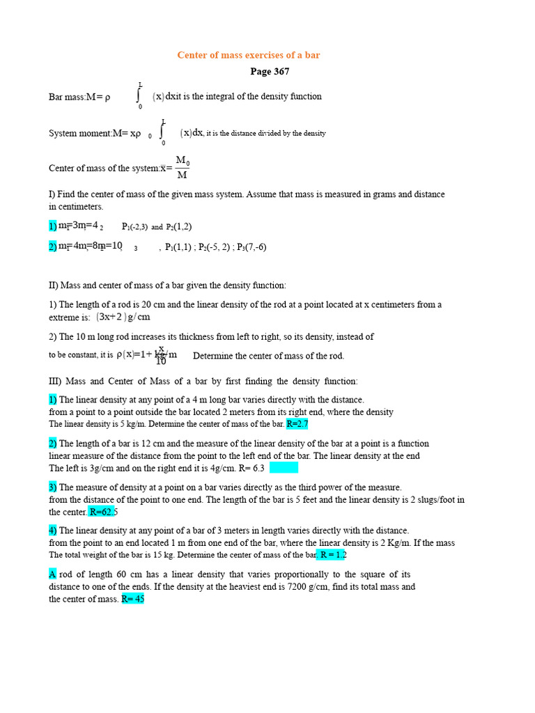 Center of Mass Exercises For A Bar | PDF | Density | Force