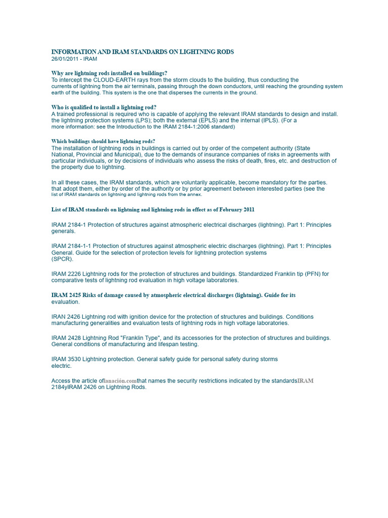 Information and Iram Standards On Lightning Rods | PDF | Lightning ...