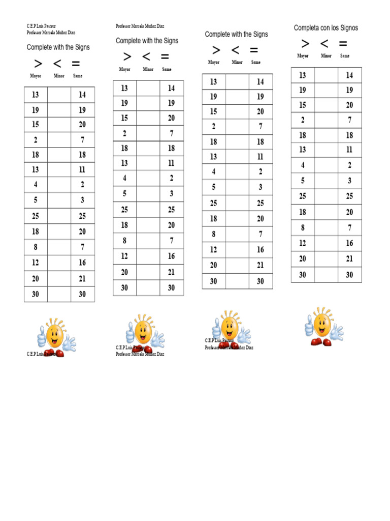 Complete With The Signs Greater Than, Less Than, Equal To. | PDF