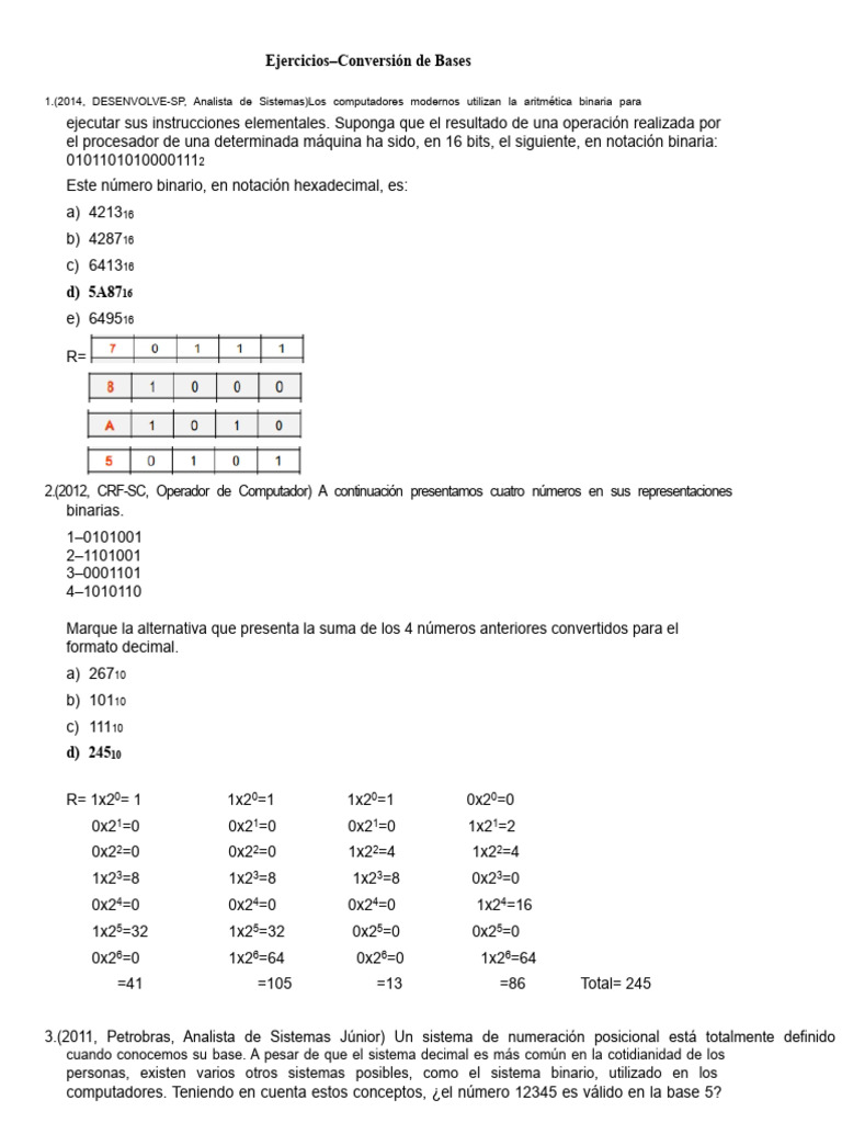 Ejercicios de Conversión de Bases Numéricas | PDF | Aritmética ...