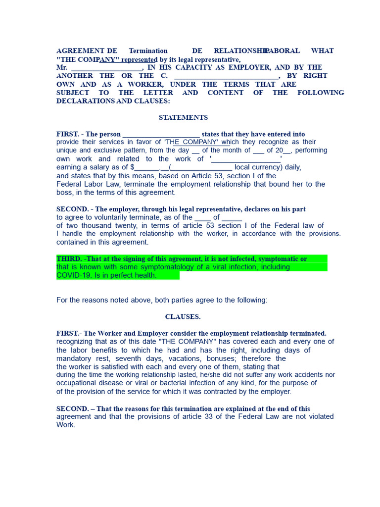 Termination Agreement of Employment Relationship Entered Into | PDF ...